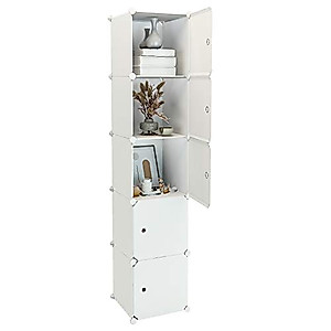 Aeitc Cube Organizer 5-Cube (11.8inx11.8in) Narrow Cabinet Closet Storage Shelves Plastic Storage Shelving for Bedroom, Living Room, Office, White with Doors