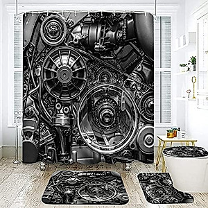 AtGoWac 4 Pieces Engine Shower Curtain Sets with Rugs, Black and White Man Cave Shower Curtain Set of 4 Piece, Men's Bathroom Decor