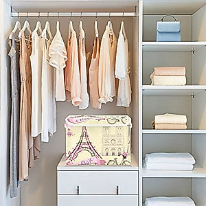 WELLDAY Pink Romantic Paris Storage Baskets Foldable Cube Storage Bin with Lids and Handle, 16.5x12.6x11.8 In Storage Boxes for Toys, Shelves, Closet, Bedroom, Nursery