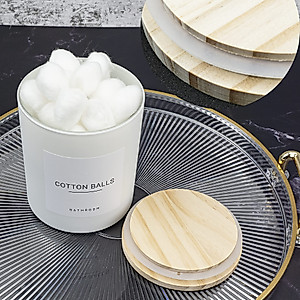 Ezebesta 3PCS Farmhouse 13.53oz White Bathroom Canisters with 12 Labels & Wooden Lid Thick Glass Jar Set Qtip Holder for Cotton Ball & Pads Storage Organization Minimalist Decor