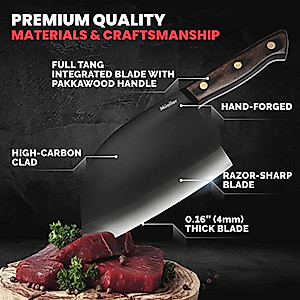 Mueller UltraForged Professional Meat Cleaver Knife 7" Handmade High-Carbon Clad Steel Serbian Chef Knife with Leather Sheath, Full Tang Pakkawood Handle, Multi-functional for Kitchen, Camping, BBQ