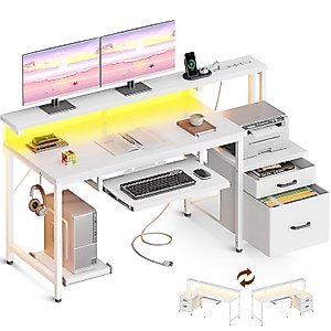 AODK 55" Computer Desk with Fabric File Cabinet and Drawer, Reversible Office Desk with Power Outlet and LED Light, Study Desk with Printer Stand, Keyboard Tray, Full Monitor Riser and PC Stand, White