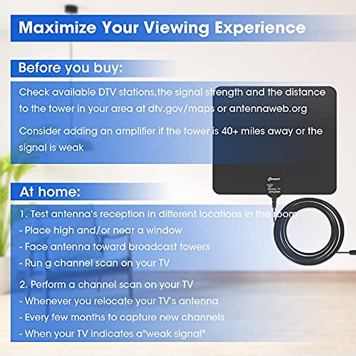 Chaowei Indoor Amplified Digital HDTV Antenna with External Signal Amplified Booster-Leaf TV Antenna 120 Miles Range-16.5feet Long Coaxial Cable