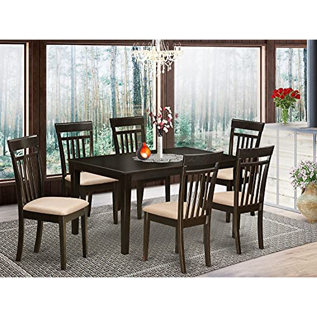 East West Furniture Capri 7 Piece Set Consist of a Rectangle Dinner Table and 6 Linen Fabric Kitchen Dining Chairs, 36x60 Inch, Cappuccino