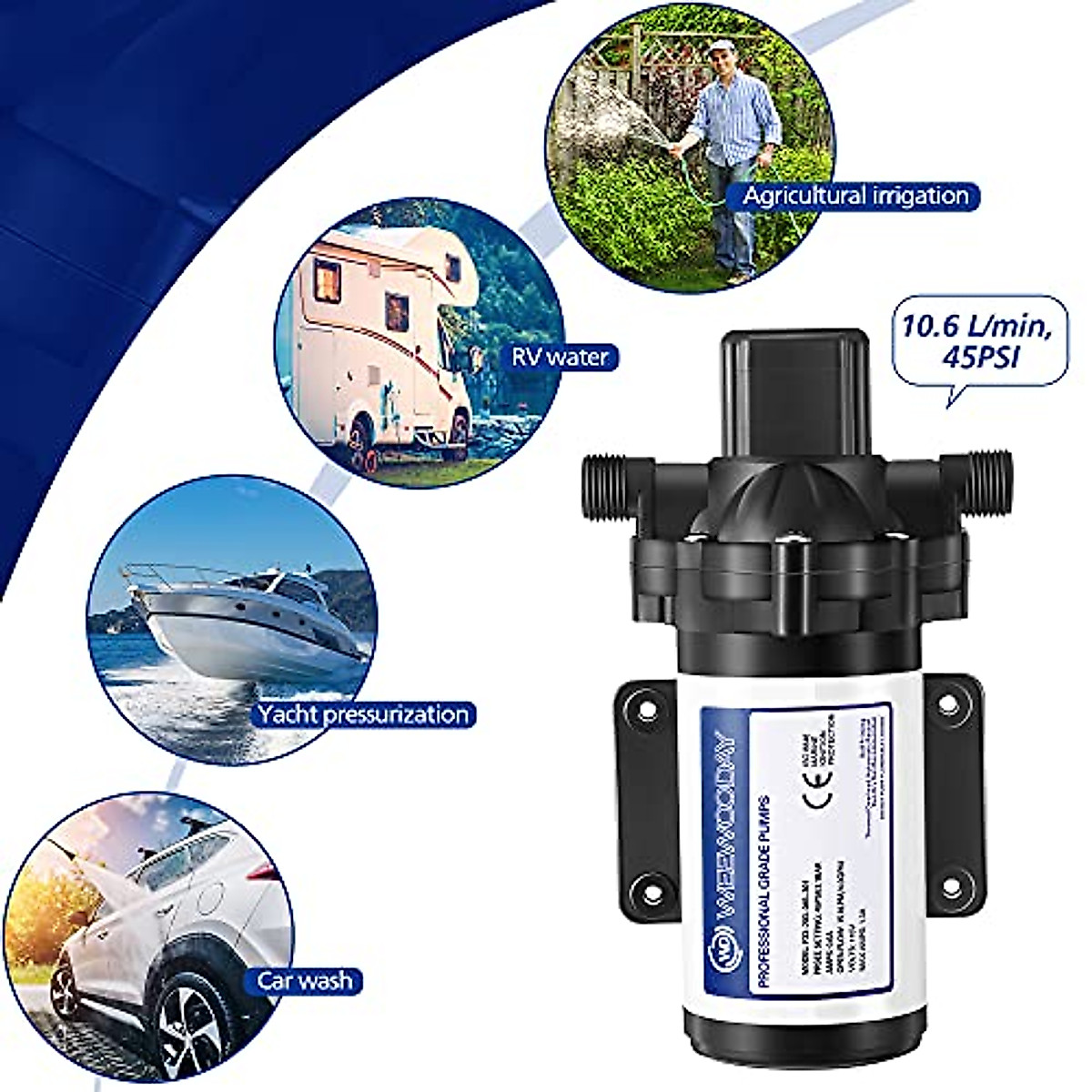 Water Pressure Diaphragm Pump Industrial 115V, Self Priming Pump 4 Gpm 45 Psi include Power Plug, Fittings Strainer Filter for Kitchen Bathroom RV Marine Yacht Caravan, Garden Hose