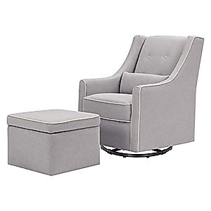 DaVinci Owen Upholstered Swivel Glider with Side Pocket and Storage Ottoman in Grey with Cream Piping, Greenguard Gold & CertiPUR-US Certified