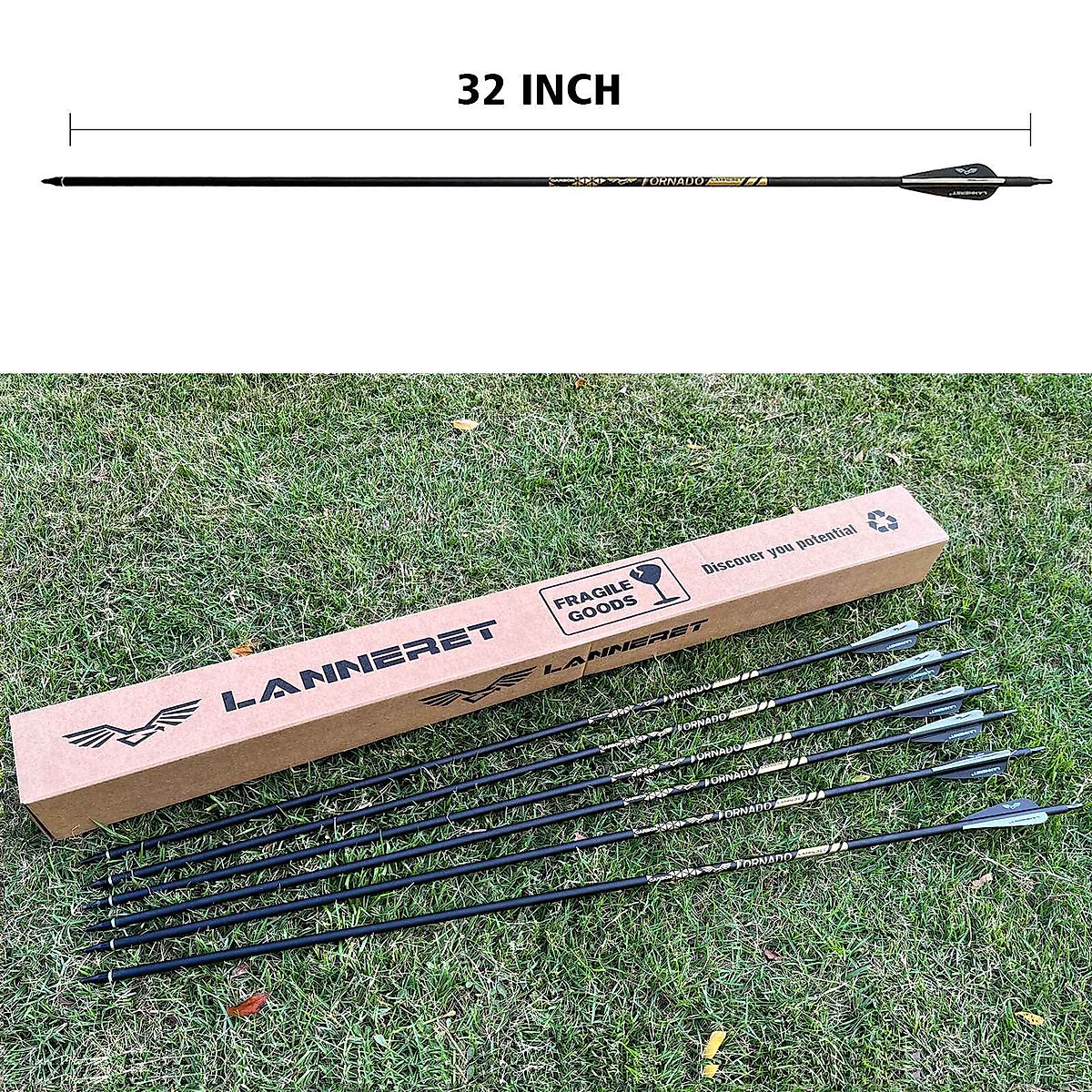 Lanneret Archery Carbon Arrows for Compound & Recurve Bows，32Inch Carbon Practice Bow Arrow with Removable for Youth Compound & Recurve Bow Target (Pack of 12) Black