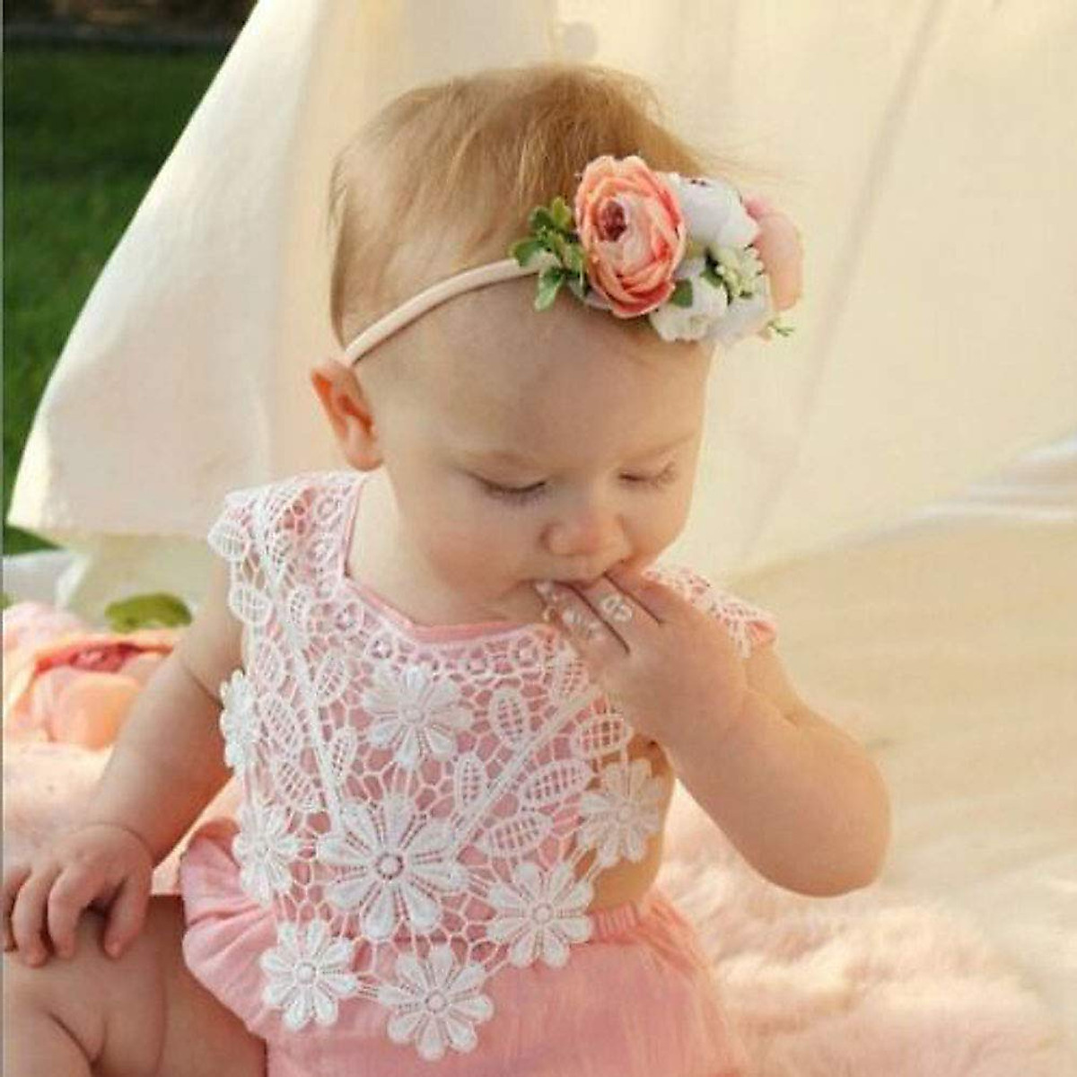 KMBANGI Cute Infant Newborn Baby Girl Lace Ruffle Romper Jumpsuit Bodysuit Summer Outfit Clothes (12-18 Months, Pink)