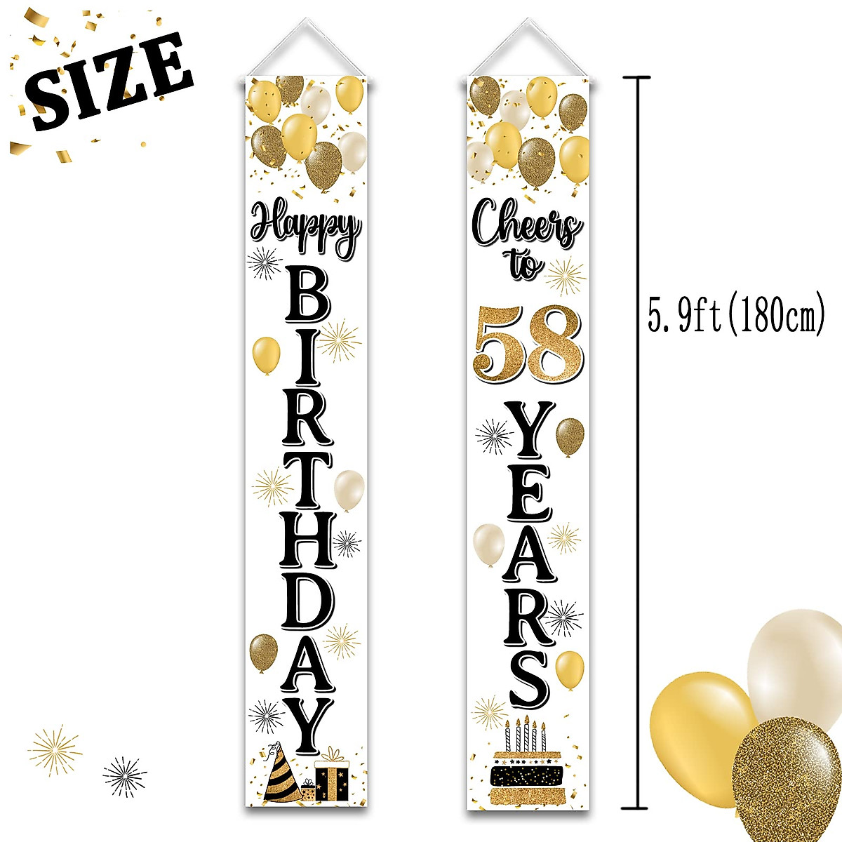 LASKYER Happy 58th Birthday Decorations,58th Gold Balloon Birthday Theme Door Hanging Banner Sign,58 Years Old Bday Party Supplies.