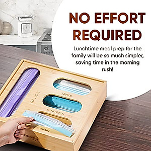 HidzBasics Ziplock Bag Organizer – Bamboo Ziplock Bag Storage Organizer for Gallon, Quart, Sandwich, and Snack Size Food Bags – Baggie Organizer for Kitchen Drawer and Pantry – Wooden Slider Lid