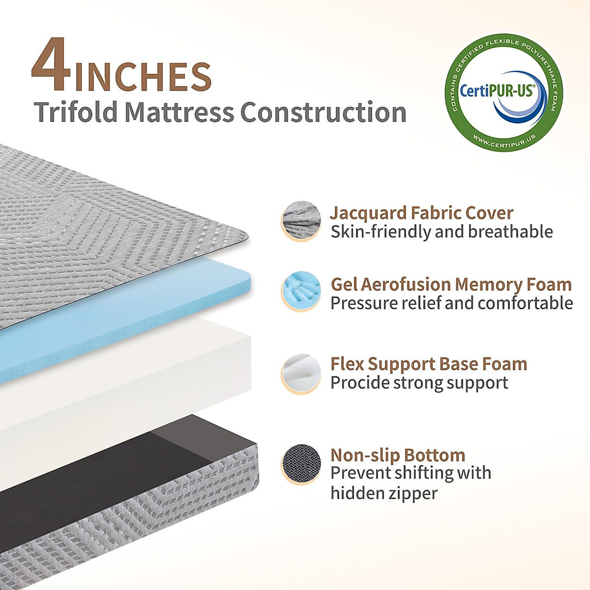 MUUEGM Folding Mattress, 4 Inch Twin Tri-fold Memory Foam Mattress, Foldable Mattress with Washable Cover, Trifold Mattress for Yoga/Camping/RV/Guest Beds,CertiPUR-US Certified