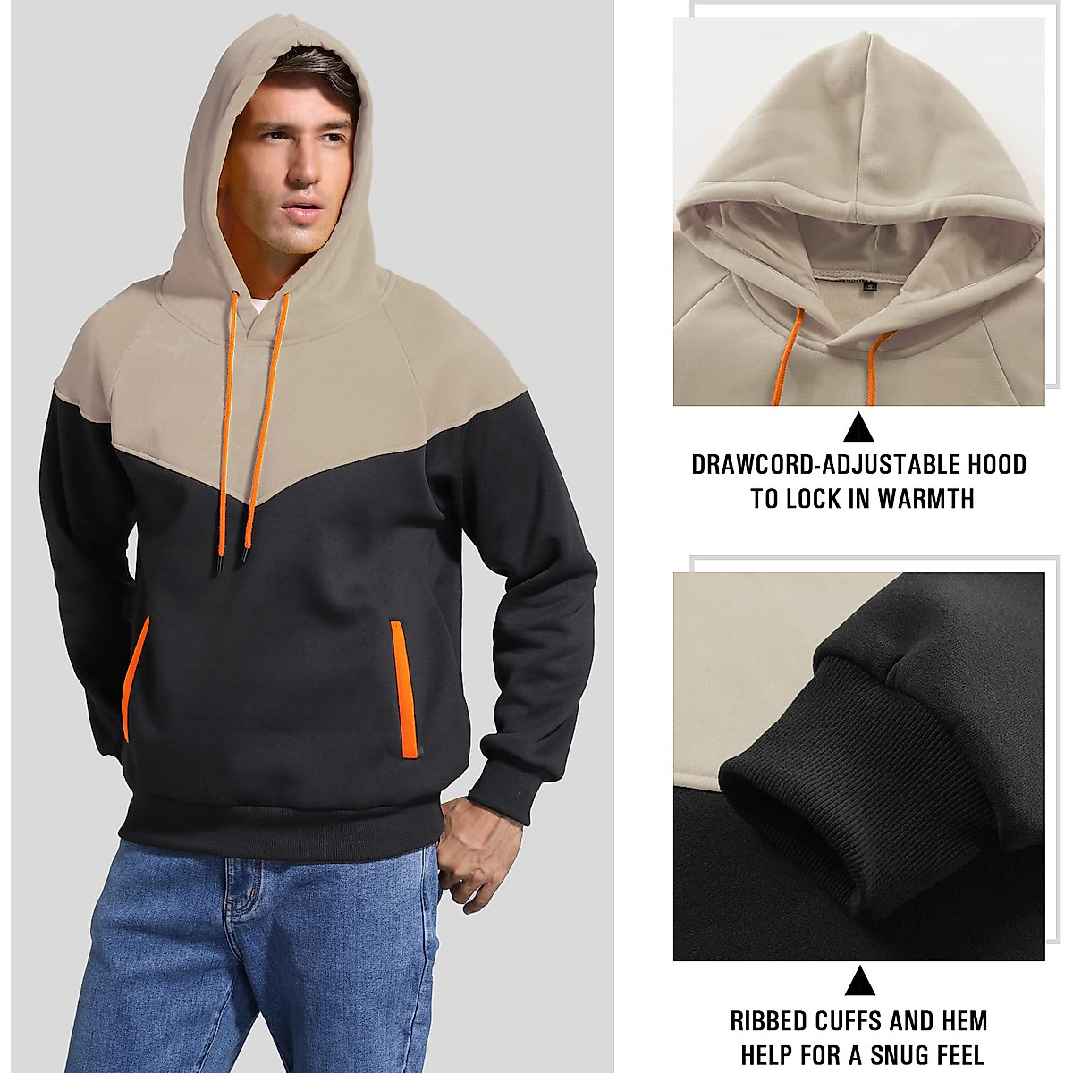 Niceif Men's Midweight Fleece Pullover Hoodies Casual Color Block Hooded Sweatshirt with Pockets, Beige Black M
