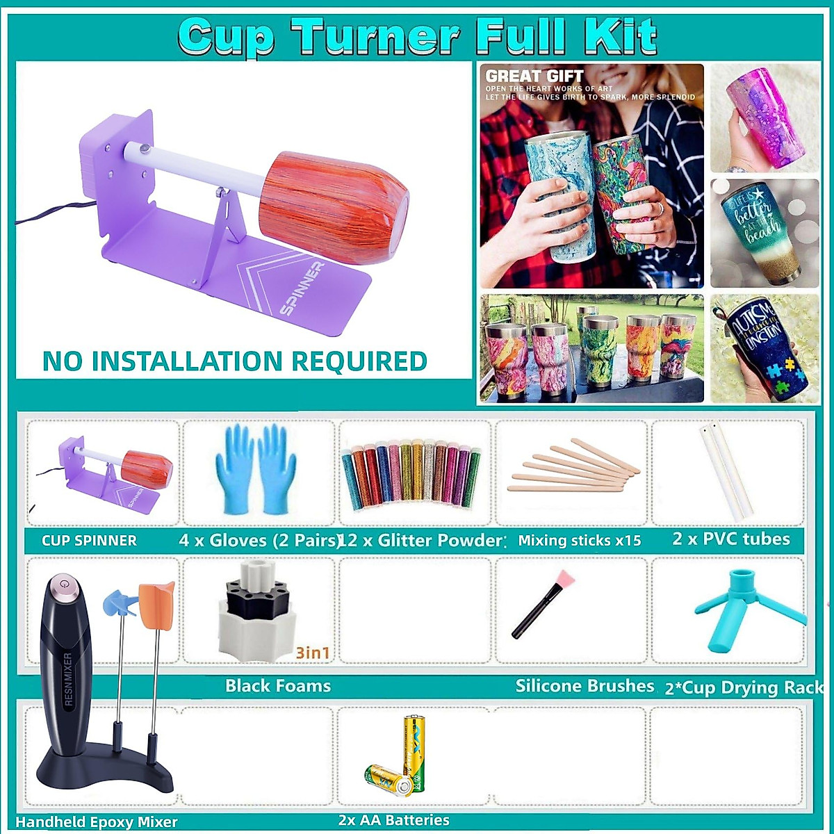 HXH Cup Turner Tumbler Cuptisserie Kit,Handheld Battery Epoxy Mixer,Cup Spinner for DIY Glitter Epoxy Crafts Tumblers