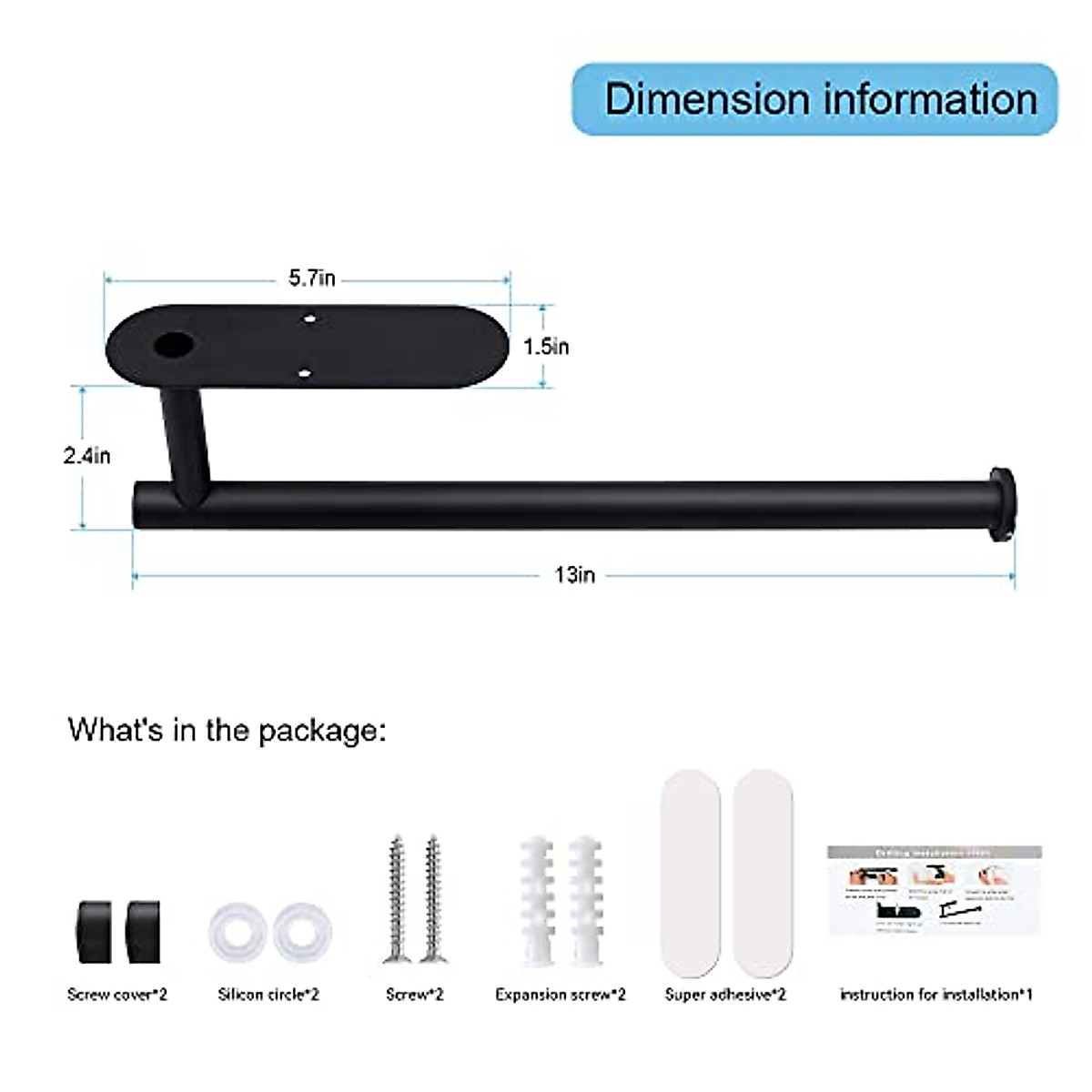 ASTOFLI Paper Towel Holder Under Cabinet, Self Adhesive and Drilling Paper Towel Holder Wall Mount, Under Cabinet Paper Towel Holder for Kitchen, Black Paper Towel Holder SUS304 Stainless Steel