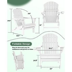 Withniture Folding Adirondack Chairs, HDPE Adirondack Chair Wood Texture Plastic Adirondack Chairs with Cup Holder, Weather Resistant Fire Pit Chairs for Backyard Deck, White