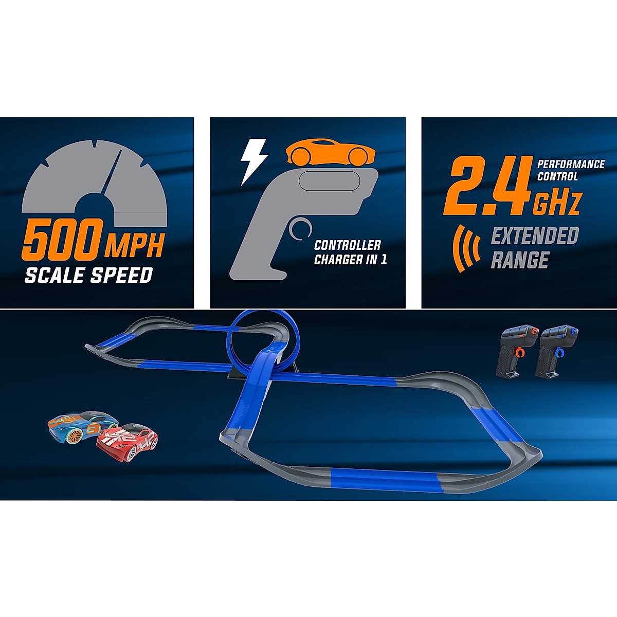Tracer Racers Remote Control Cordless Glow in The Dark High-Speed Super 8 Speedway Track Set with Two Cars for Dual Racing, Glow Blue