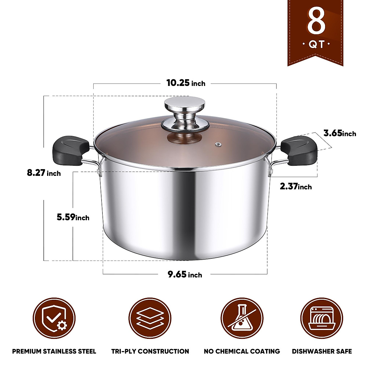 8-Qt Stock Pot, E-far 3-Ply Stainless Steel Stockpot with Lid for Cooking Simmering Soup Stew, Heavy Duty Cookware Works w/Induction, Non-toxic & Corrosion Resistant, Dishwasher Safe