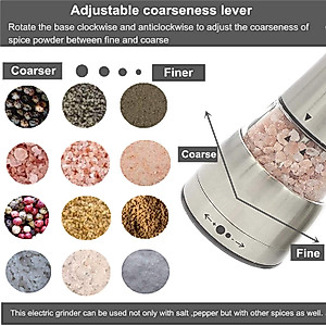 HQGSJ Electric Salt and Pepper Grinder,Battery Operated with LED Light,Stainless Steel Automatic Mill,Adjustable Ceramic Coarseness Salt grinder and pepper Mill （ONE PACK）