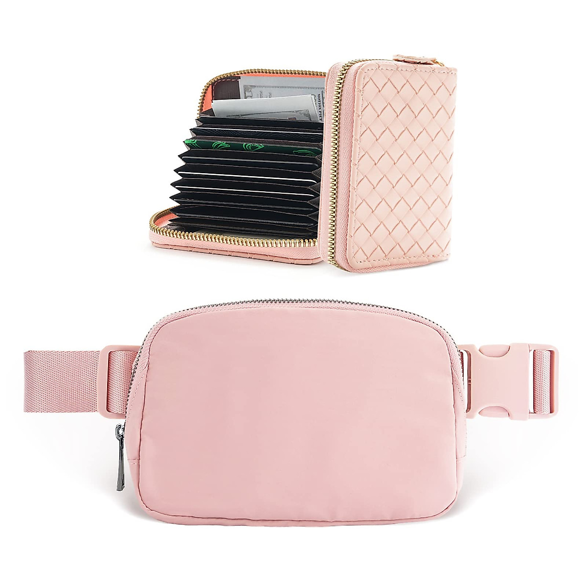 Everywhere Belt Bag with Card Holder Wallet for Women, Fanny Pack Crossbody Bags with Longer-length Adjustable Strap, Unisex Fashion Waist Packs for Workout Travelling Running (Pink)