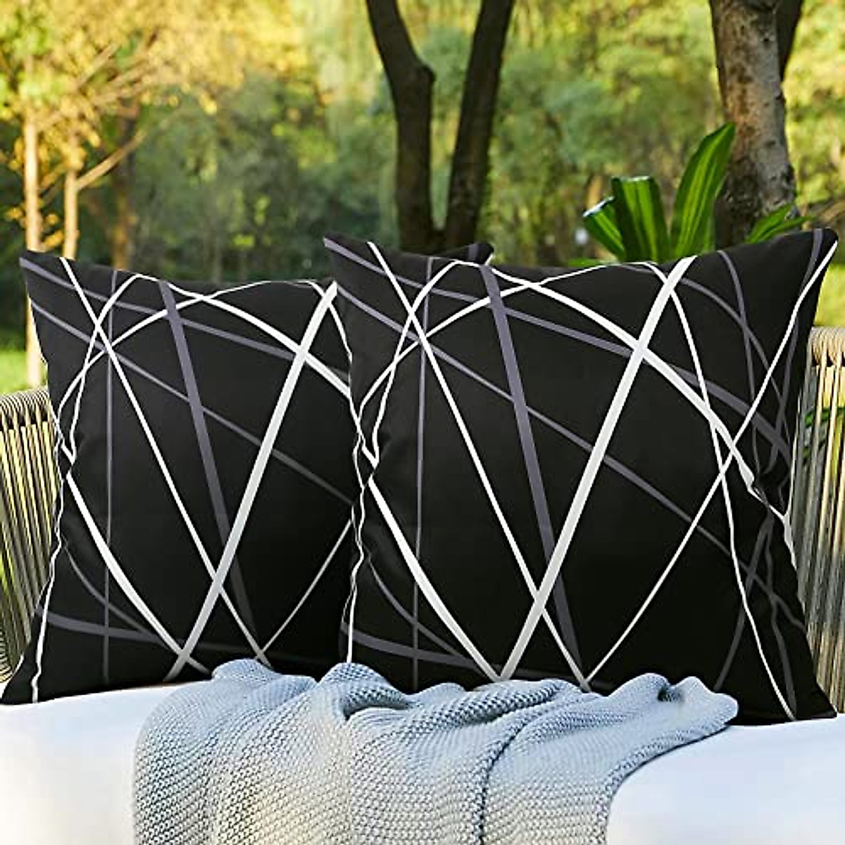JASEN Set of 2 Outdoor Waterproof Throw Pillow Covers Black and White Striped Decorative Pillow for Patio Garden Sofa Chairs 18x18 inch