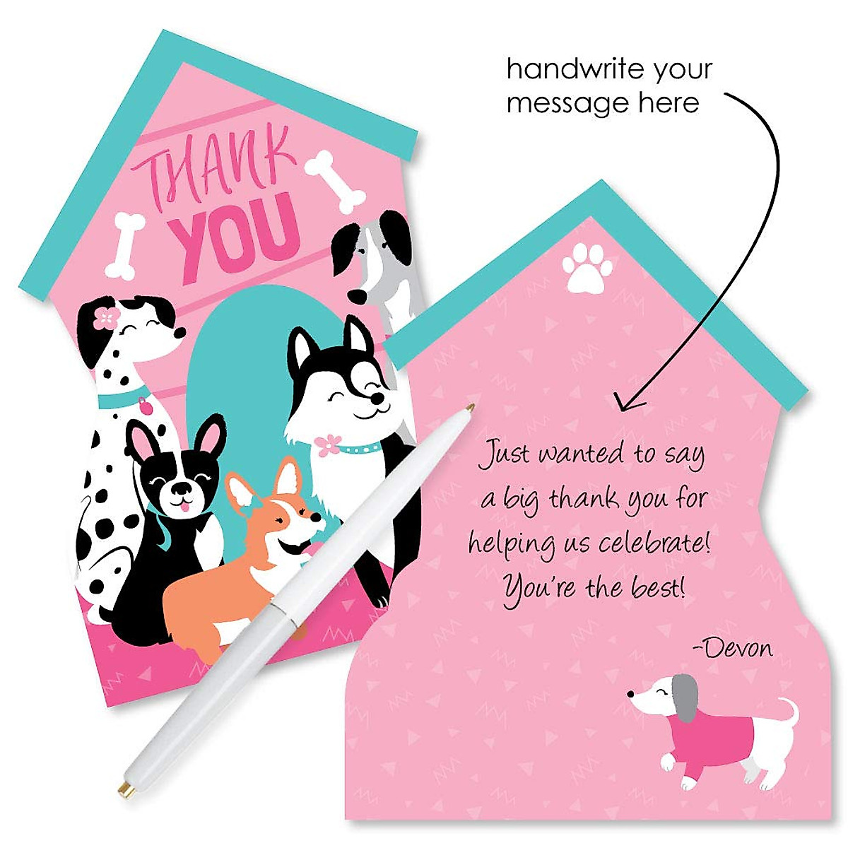 Big Dot of Happiness Pawty Like a Puppy Girl - Shaped Cards - Pink Dog Baby Shower or Birthday Party Thank You Note with Envelopes - Set of 12
