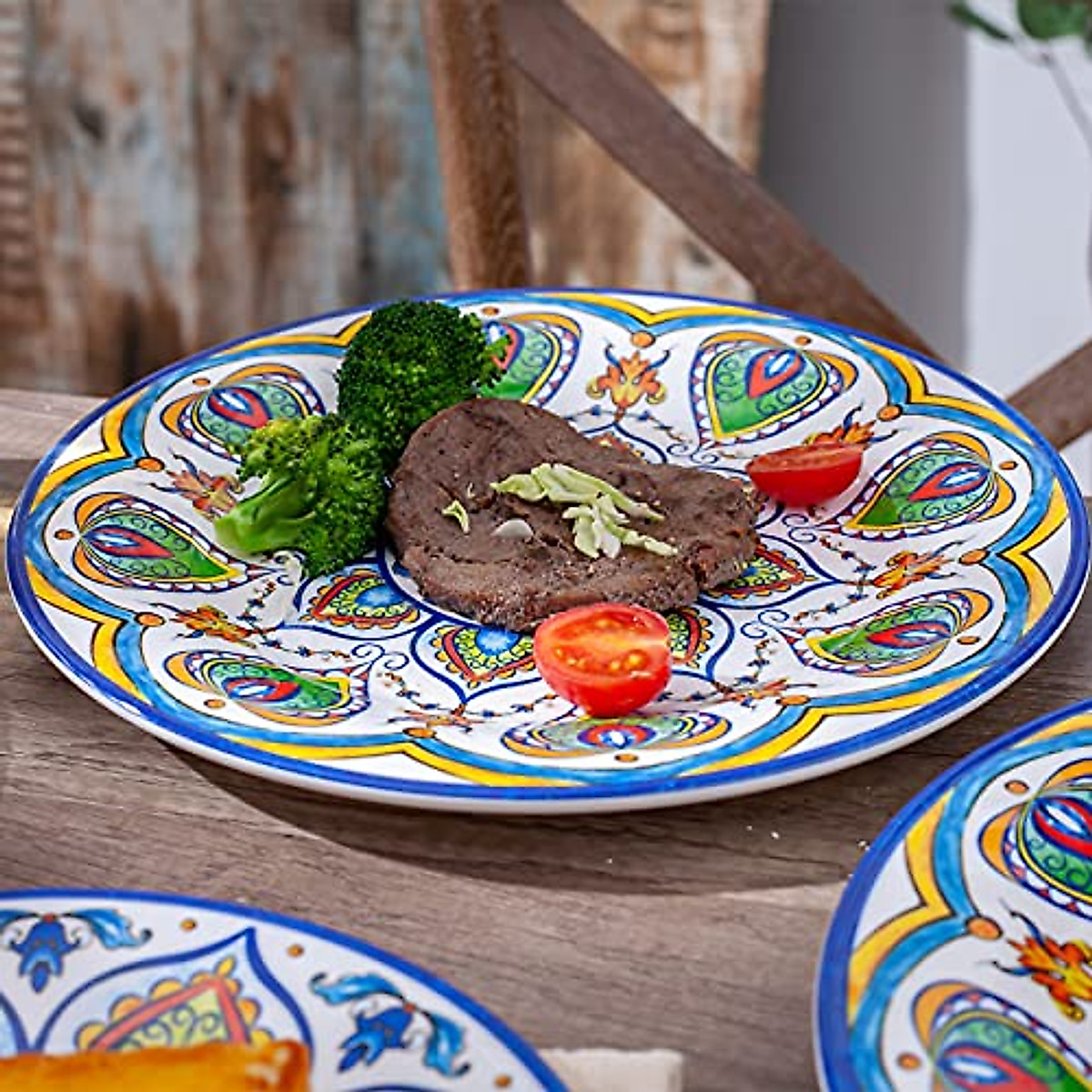 Melamine Dinnerware Set - 12 Pcs Dishware DurableOutdoor Plastic Plates Bowls Service for 4 (Gold Floral)