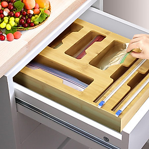 Wattne Bag Storage Organizer for Kitchen Drawer & Wrap Dispenser with Cutter, 6 in 1 Bamboo Organizer Compatible with 12" Aluminum Foil Roll, Suitable for Gallon, Quart, Sandwich Bags, Roll etc