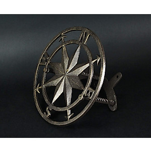 Bronze Finish Cast Iron Nautical Compass Rose Decorative Wall Mounted Garden Hose Hanger - Easy to Install - Coastal Outdoor Decor - 12 Inches in Diameter