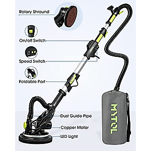 MYTOL Drywall Sander, 7.2A Electric Drywall Sander with Vacuum Dust Collection, LED Light, 6 Variable Speed Digital Display 900-1800RPM, Foldable & Extendable Handle, 9 Sanding Discs&3 Grid Sandpaper