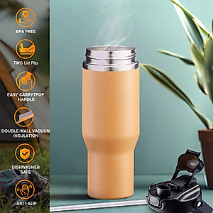 POPOACTI Insulated Tumbler,34 oz Stainless Steel Water Bottle, BPA-Free, Double-Walled Vacuum, Flip Straw for Travel, Keeps Drinks Hot & Cold for 12 Hours,For Travel, Gym & Office (Peach)