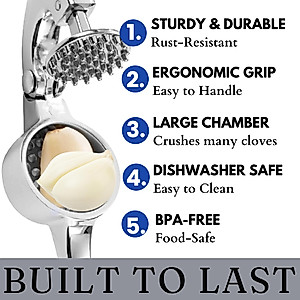 Premium Garlic Press Set - Easy to Squeeze Ergonomic Handle Garlic Crusher - Rust Proof & Dishwasher Safe Garlic Mincer Tool, Garlic Press Stainless Steel, Garlic Peeler & Brush (Chrome Silver)