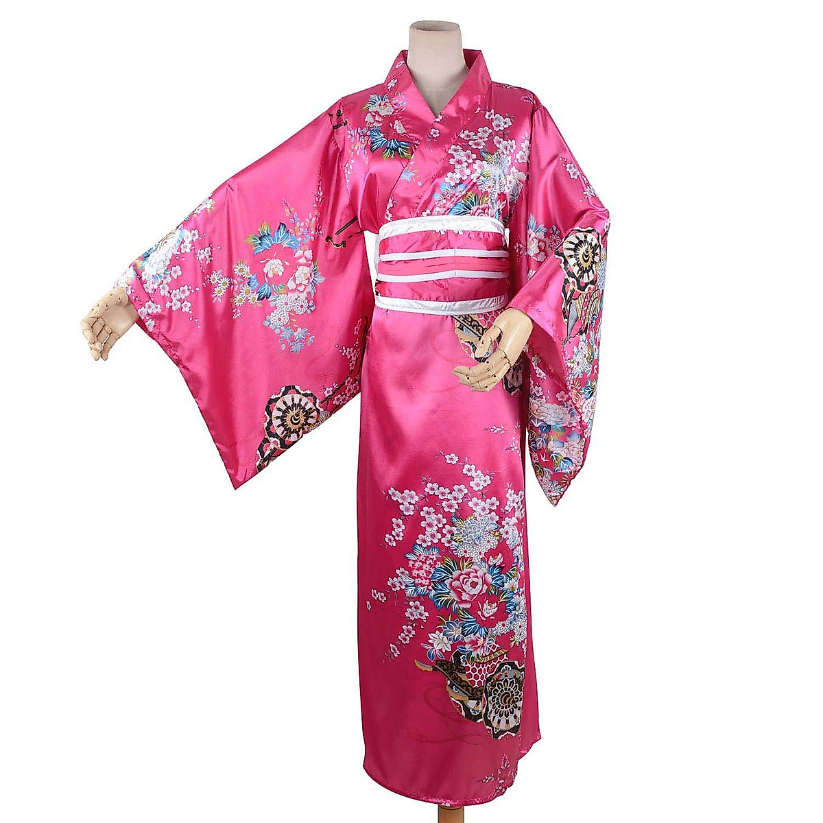 Women's Floral Print Traditional Japanese Kimono Goldfish OBI Blossom Costume Set Belt Robe