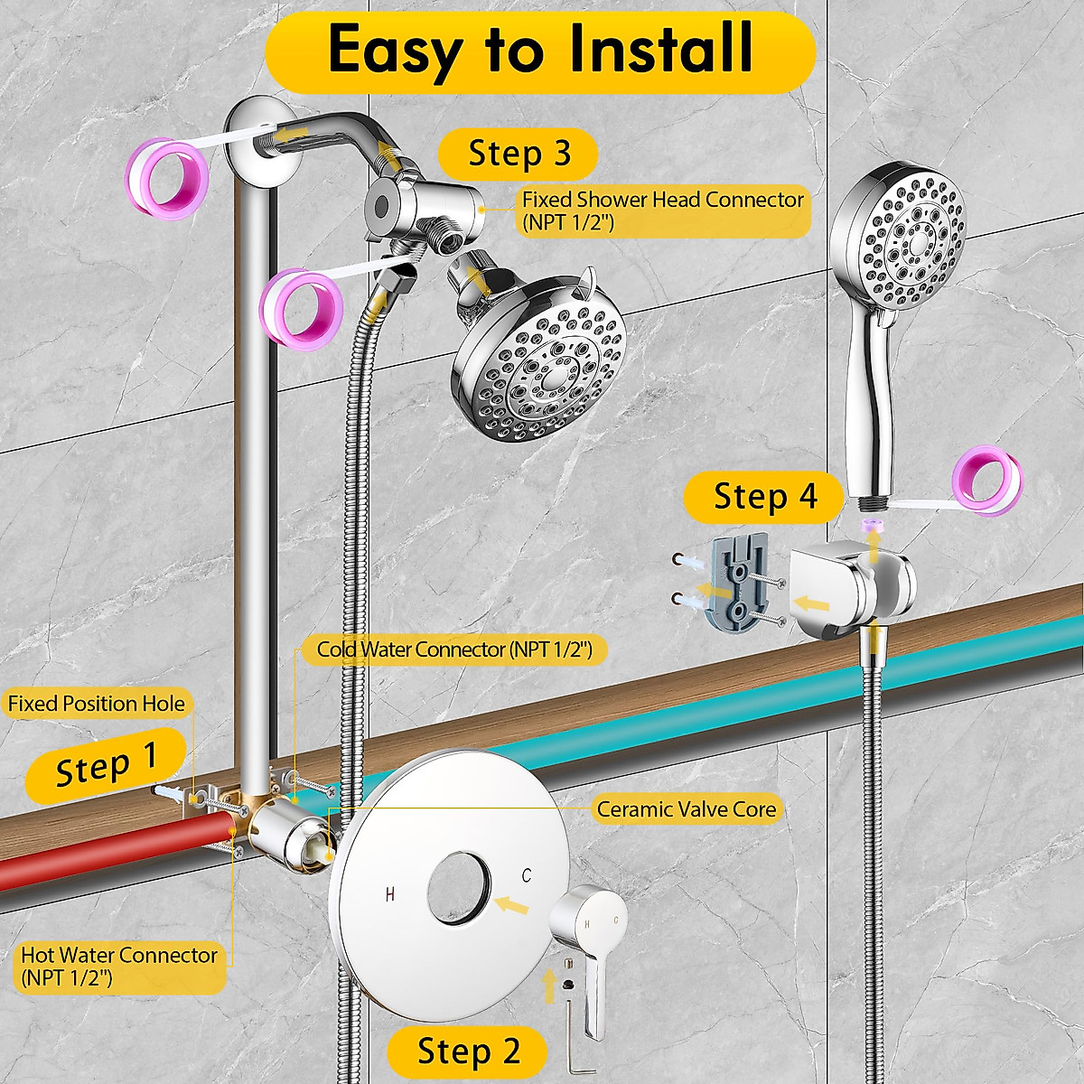 FRANSITON Shower Faucet System with Bathroom Spout Rain Shower Kit, High Pressure Handheld Shower Head 35-Function Dual 2 in 1 Shower Combo Faucet Set with Valve Trim Kit Black