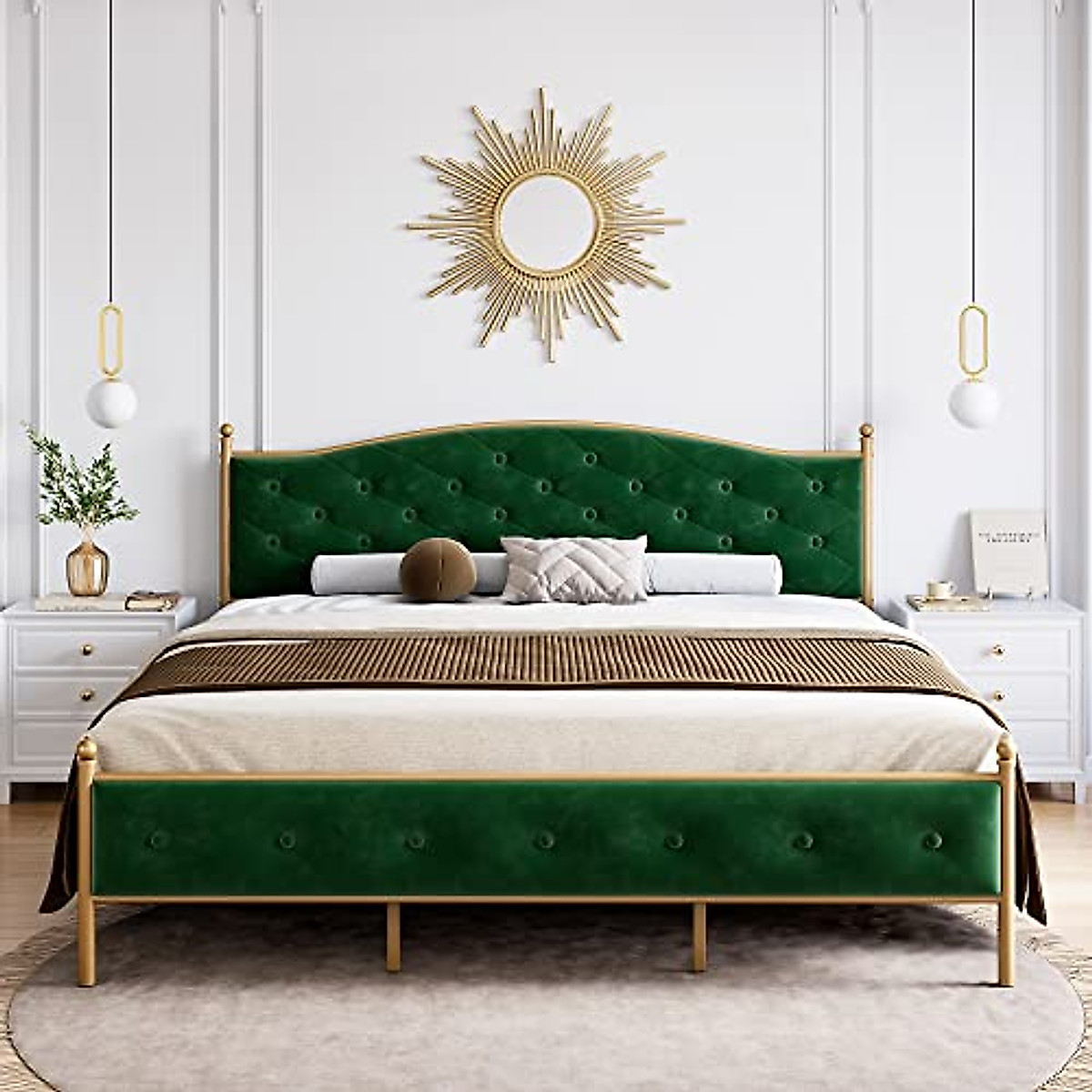 Senfot Queen Size Bed Frame Upholstered Platform Bed with Velvet and Button Tufted Headboard, Heavy Duty Metal Mattress Foundation and Wood Slats No Box Needed for Bedroom in Gold and Green