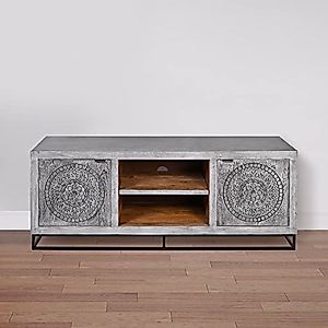 The Urban Port 63-Inch Handcrafted TV Media Entertainment Console, 2 Medallion Engraved Doors, Sandblasted Gray Mango Wood, Black Iron Stand