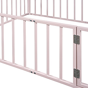Harper & Bright Designs Queen Metal Floor Bed Frame with Rails, Queen Montessori Floor Bed with Fence and Door, for Kids Girls Boys (Queen Size, Pink)