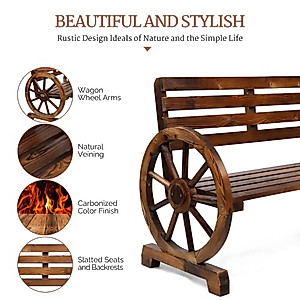 VINGLI Rustic Wooden Wheel Bench, 41" 2-Person Wagon Slatted Seat, Outdoor Patio Furniture, 350lbs High Capacity, Weather Resistance