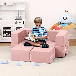 GarveeHome Kids Play Couch, 3Pcs Modular Kids Couch Toddler Couch for Playroom Bedroom Furniture, Convertible Foam Kids Play Sofa with Removable Cover, Pink