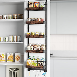 Nieifi Pantry Door Organizer,Spice Rack Organizer,5 Tier Adjustable Baskets Over The Door Organizers and Storage Metal Hanging Shelves Back of Door Organizer with Hooks for Pantry Kitchen (Wood)
