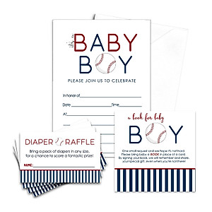 Paper Clever Party Baseball Baby Shower Invitation Bundle with Blank Invites with Envelopes for Boys Diaper Raffle Insert Bring a Book Cards Set (25 of each) Sports Theme Red and Blue Gender Reveal
