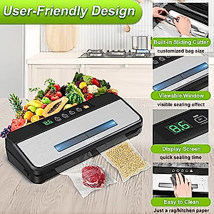 OSEYM Vacuum Sealer Machine, 80Kpa Automatic Food Sealer Machine, Food Sealers Vacuum Packing Machine with Cutter & Bags, Air Sealing System for Dry/Moist Modes, Sealing Time Display, LED Indicator Lights, Visible Sealing Affection