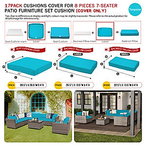 ClawsCover 17Pack Outdoor Seat and Back Cushions Replacement Covers Fit for 8 Pieces 7-Seater Wicker Rattan Patio Furniture Conversation Set Sectional Couch,Turquoise-Include Cover Only