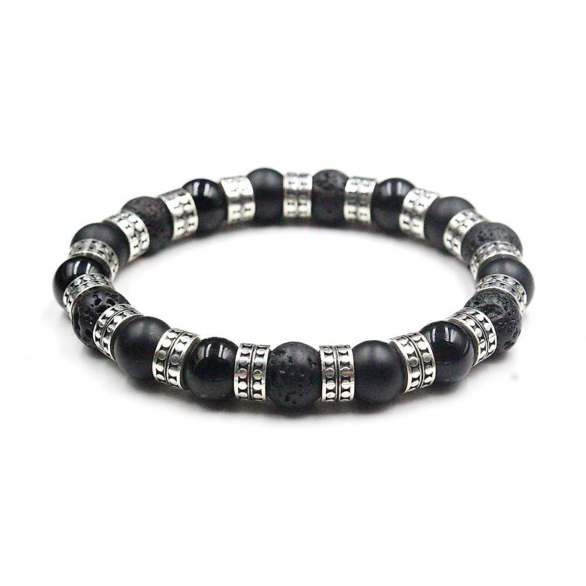 Mixed Black Stone and Sterling Silver Bracelet, Lava Stone, Matte Black, Polished Onyx, Bracelet for Men, Quality Beaded Jewelry