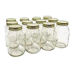 North Mountain Supply 32 Ounce Quart Glass Regular Mouth Mason Canning Jars - With Gold Safety Button Lids - Case of 12