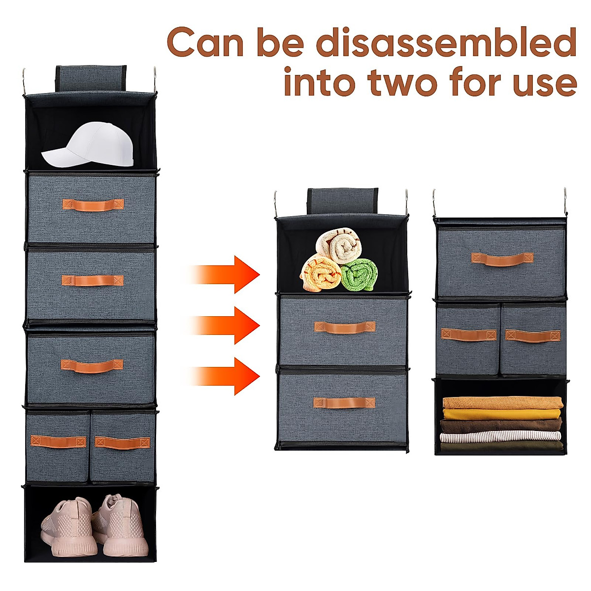 BinWhiz 12.6x12.6x44.1 Inch Hanging Closet Organizer and Storage Shelves, 6-Tier Shelf Clothes Organizers Bins with Drawers and Hooks for Closet Wardrobe Organization and Storage - Gray