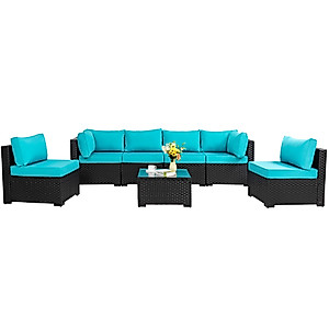 Shintenchi 7 Pieces Outdoor Patio Sectional Sofa Couch, Black PE Wicker Furniture Conversation Sets with Washable Cushions & Glass Coffee Table for Garden, Poolside, Backyard (Blue)
