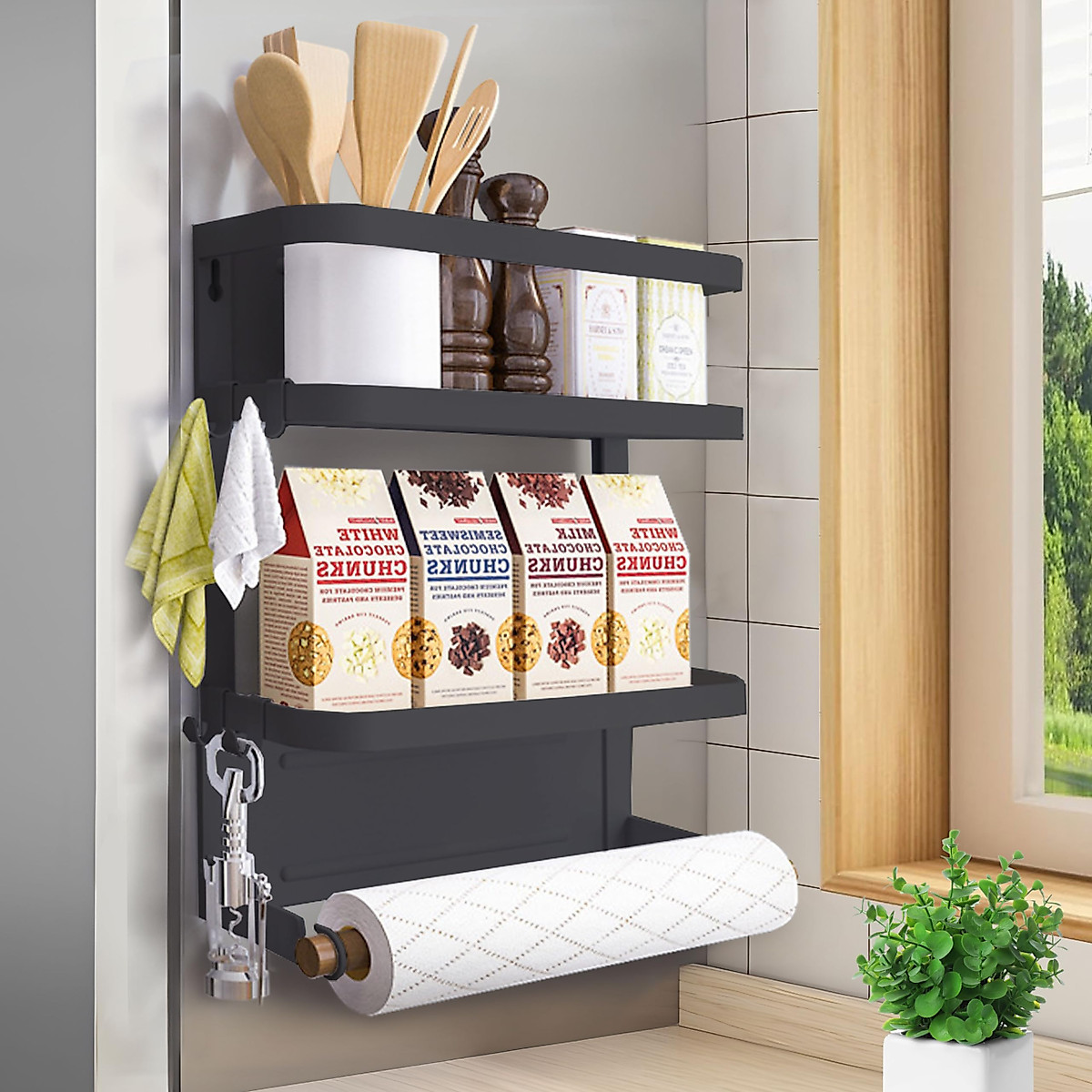 Magnetic Spice Rack, Strong Magnet 2-Tier Shelf with Paper Towel Holder, Magnetic Fridge Organizer for Refrigerator in Kitchen