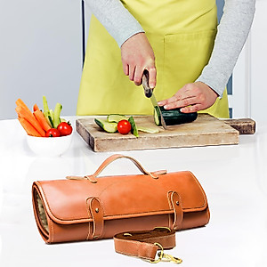 Begin Anywhere Premium Knife Roll Bag Convenient Storage and Protection for Your Chef Knives - Full Body Leather Made Ideal Knife Bag for Chefs, 10 Knife Slots and 1 Zipper Pocket