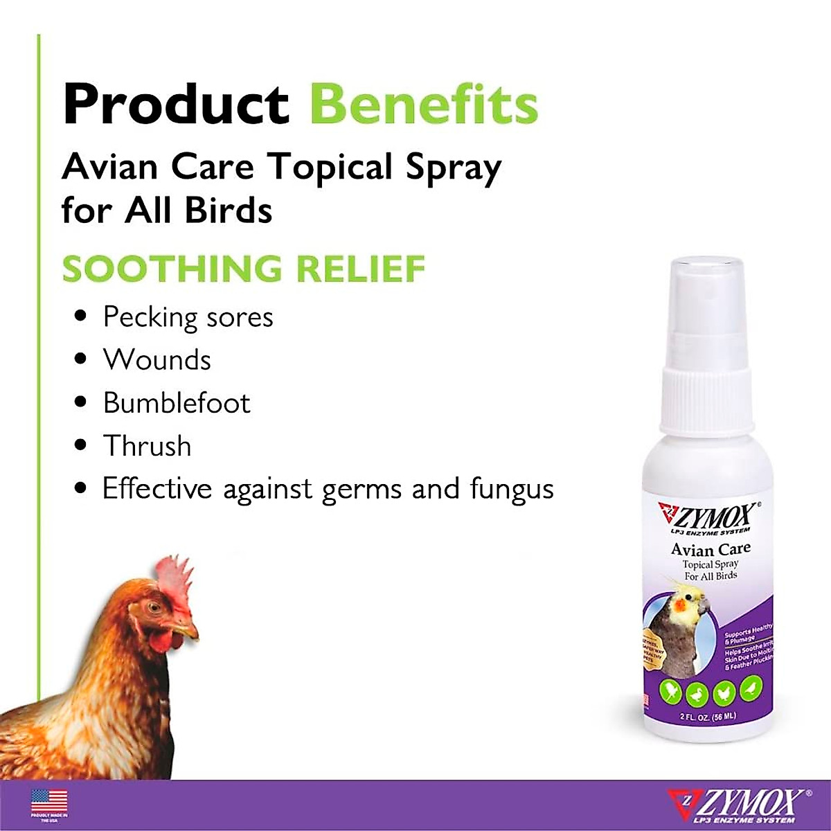Zymox Avian Care Topical Spray for All Birds, 2 oz. – Soothes Irritated Skin & Supports Healthy Plumage for All Birds, Fowl & Poultry