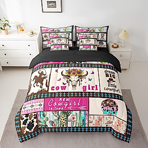 Feelyou Western Cowgirl Kids Comforter Set 7 Pieces, Cow Skull Print Bedding Twin with 1 Comforter,1 Fitted Sheet,1 Flat Sheet,2 Pillowcases,2 Throw Pillow Cover, Boho Cow Fur Bed Set for Boys Girl